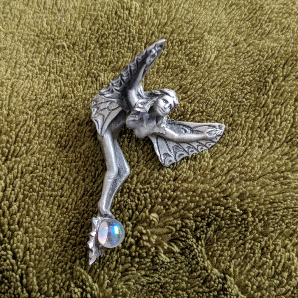 Fable Fairy Pewter Vintage Two Sided Pin - Gem